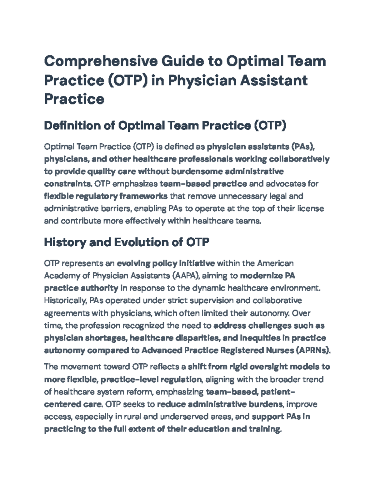 Comprehensive Overview of Optimal Team Practice (OTP) in PA Regulation ...