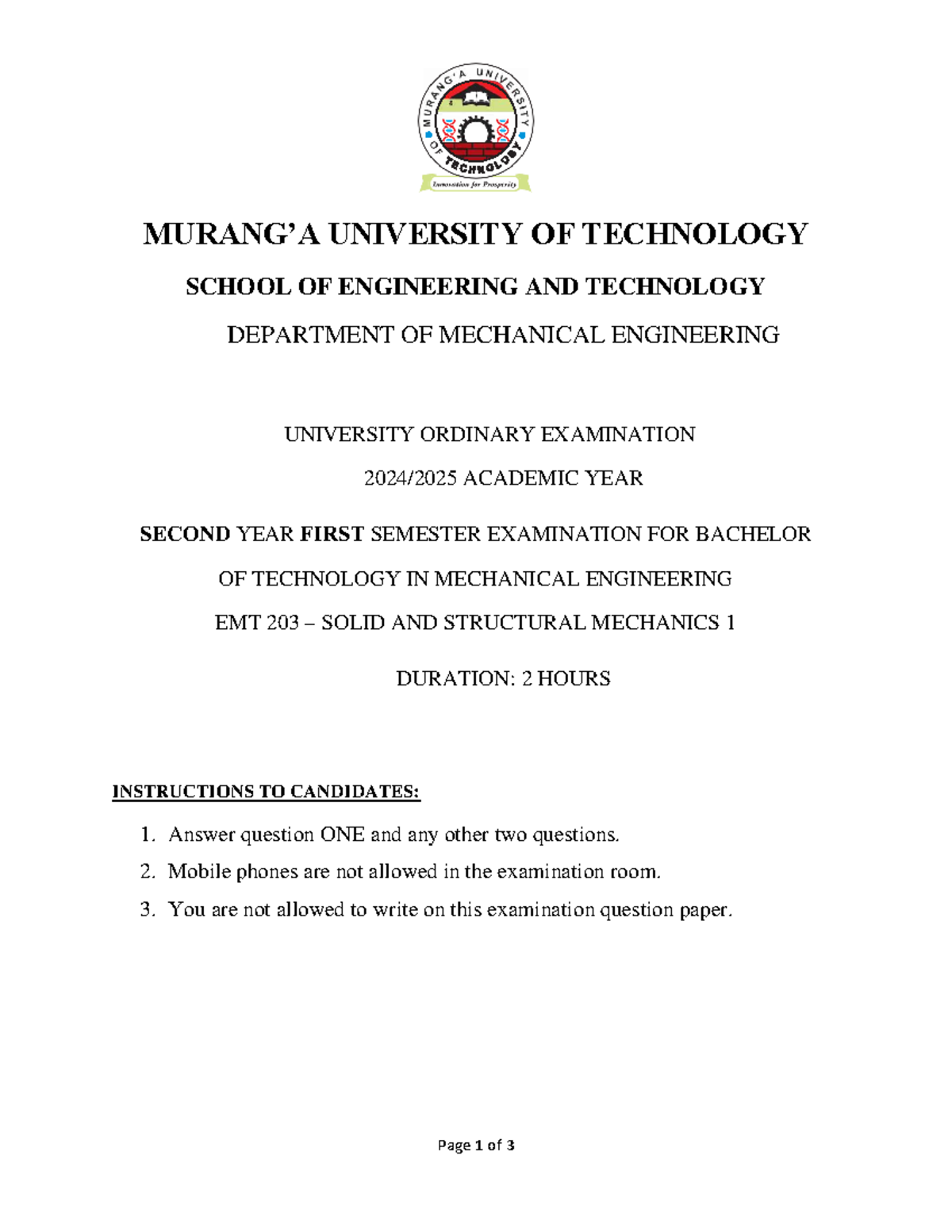 EMT 203 - Solid and Structural Mechanics 1 Exam Paper - Studocu