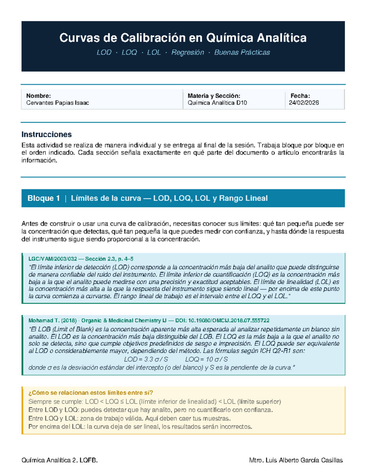 Curvas de Calibración: LOD, LOQ y Buenas Prácticas en QA2 - Studocu