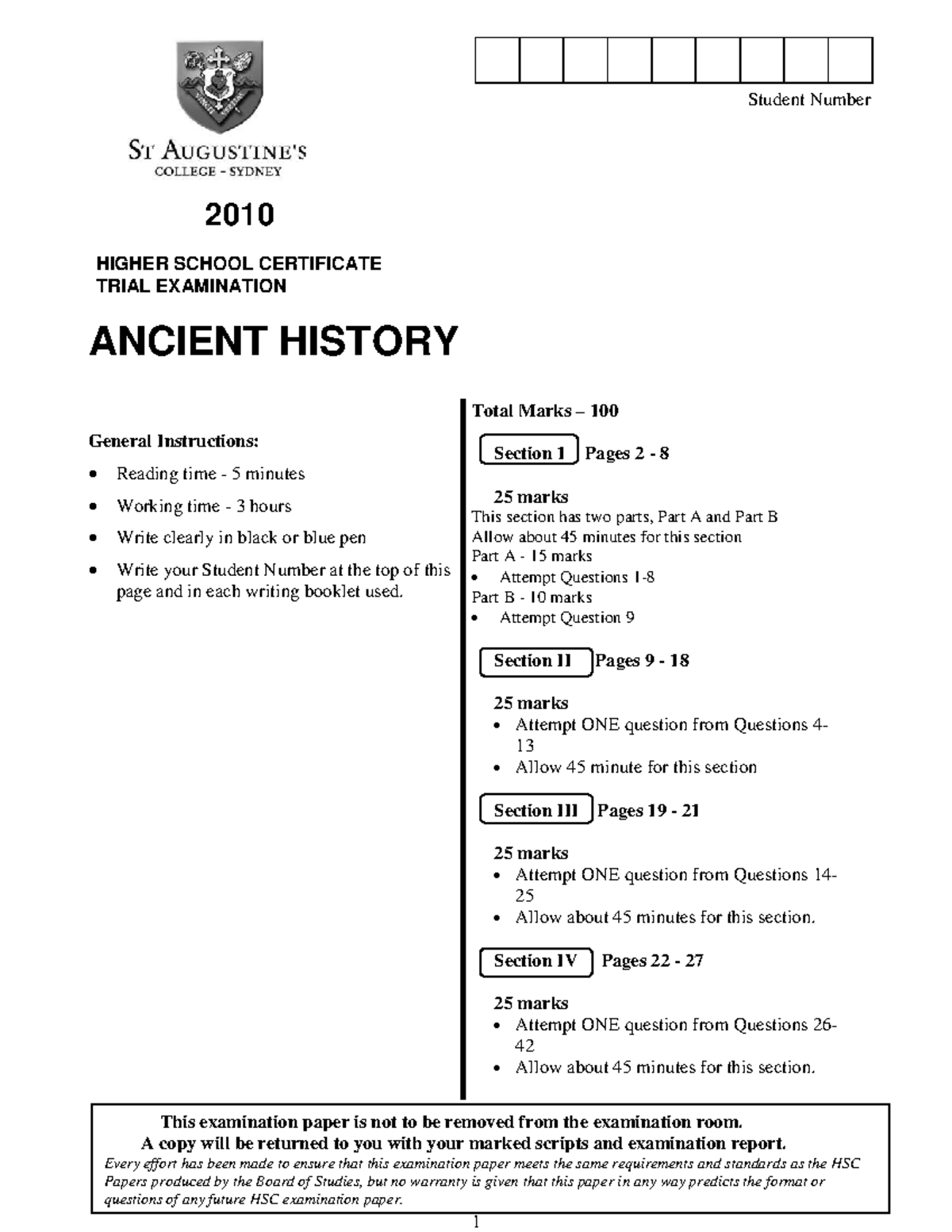2010 HSC Trial Exam: Ancient History - St Augustine's Solutions - Studocu