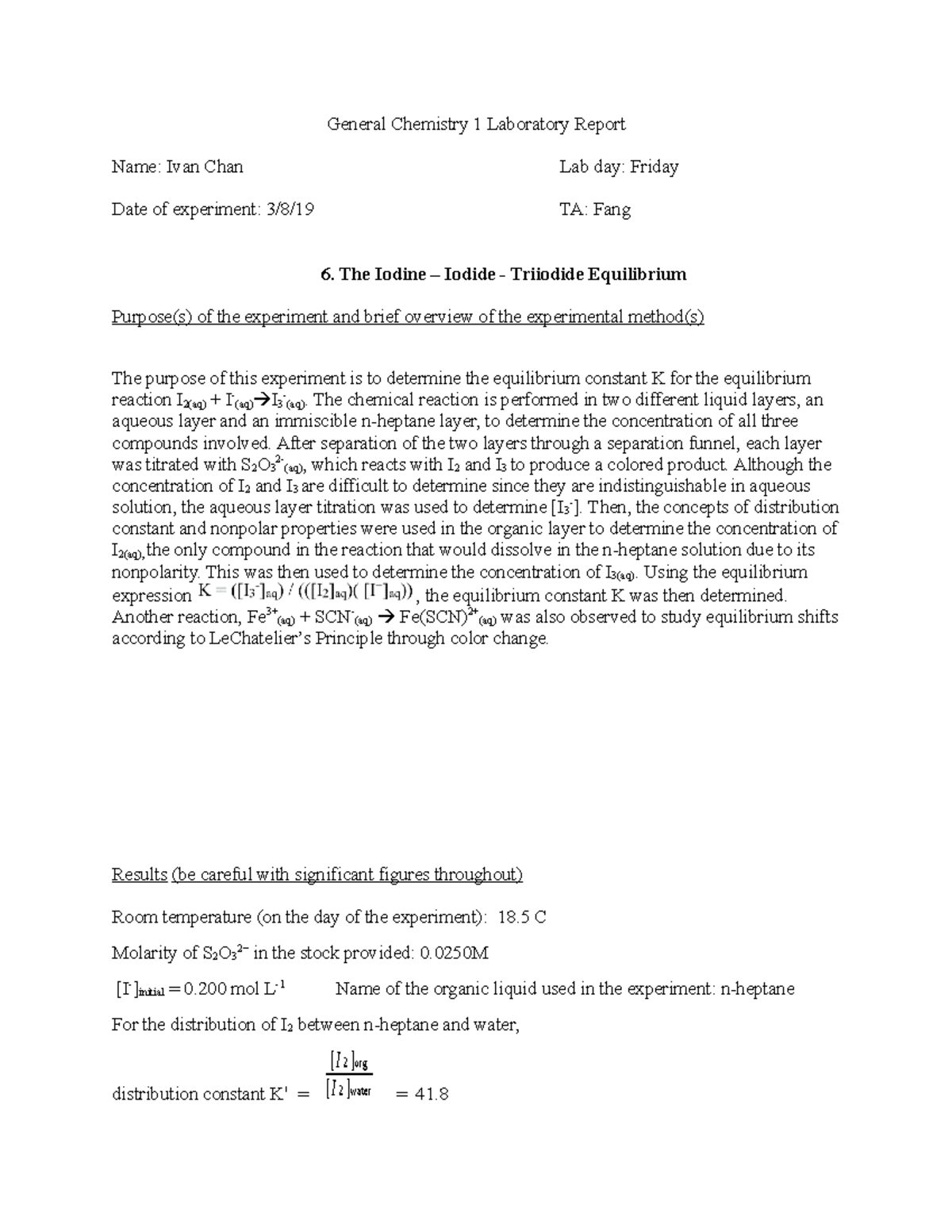 Chemistry 1 Lab Report: Iodine Triiodide Equilibrium (Ex 6) - Studocu