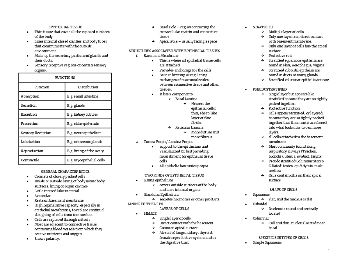 Histo Finals Reviewer - EPITHELIAL TISSUE Thin tissue that cover all ...