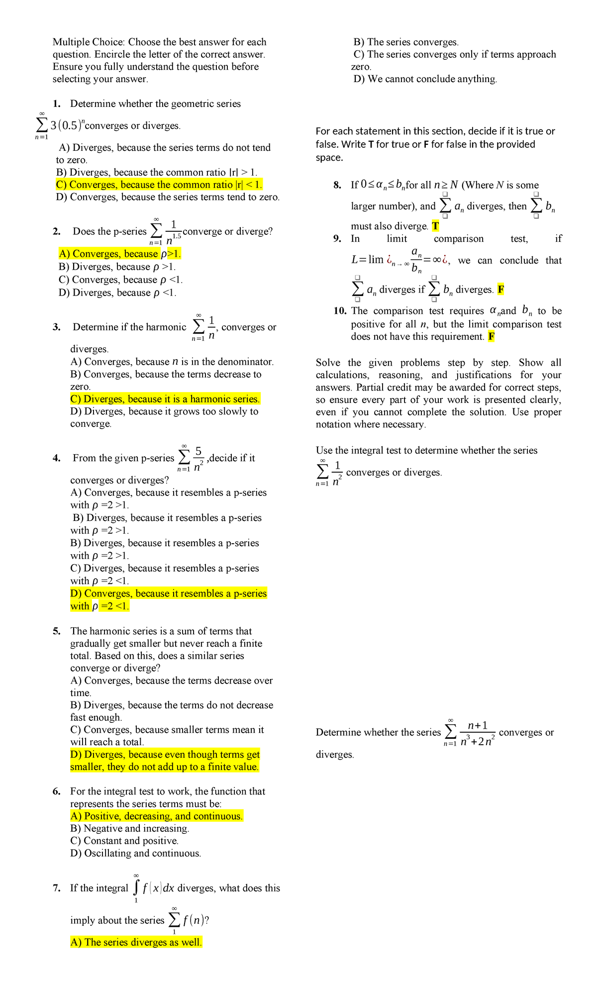 Calculus-Asessment - Math - Multiple Choice: Choose the best answer for ...