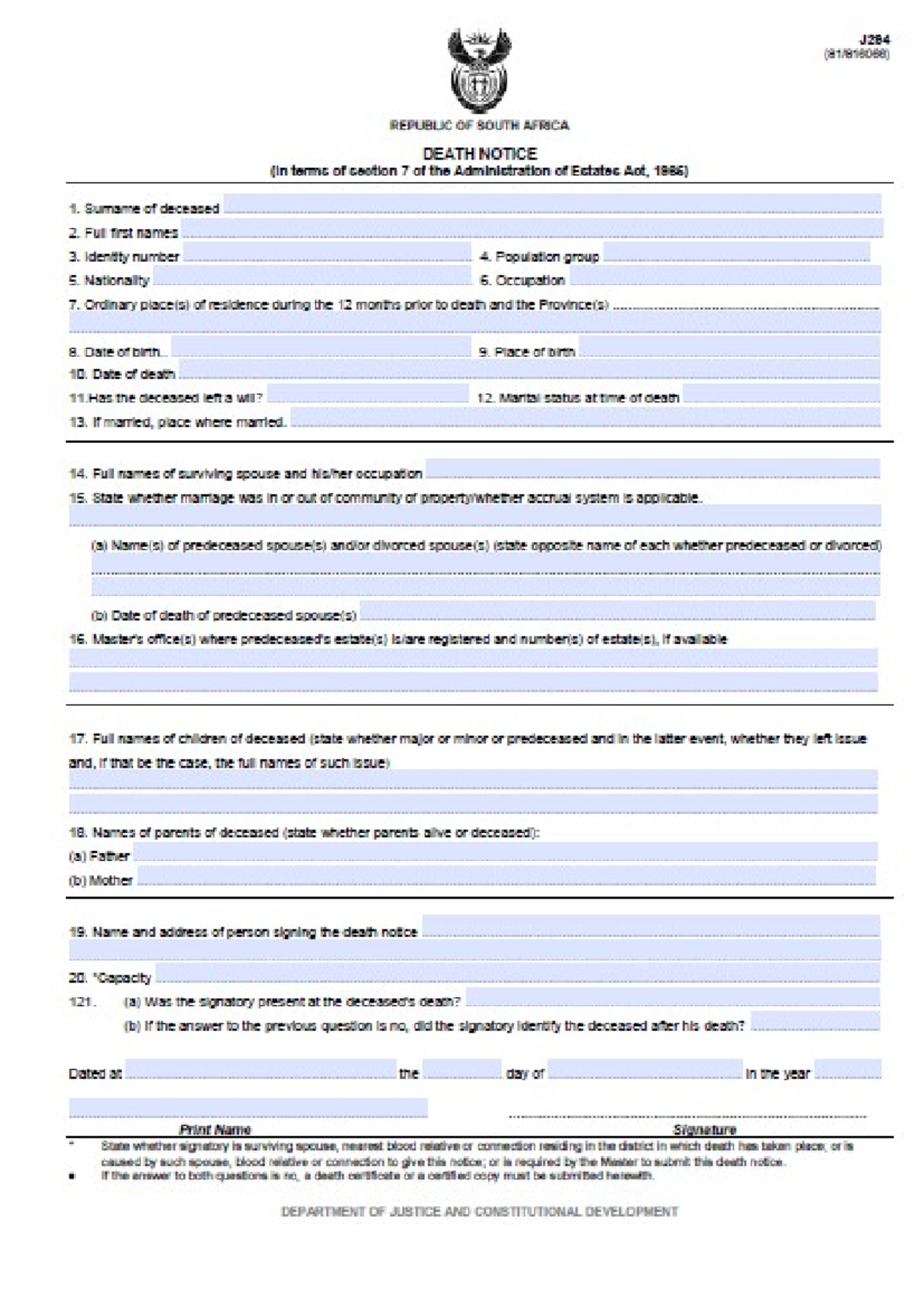 J284 Death Notice Form for South Africa - Estate Administration - Studocu