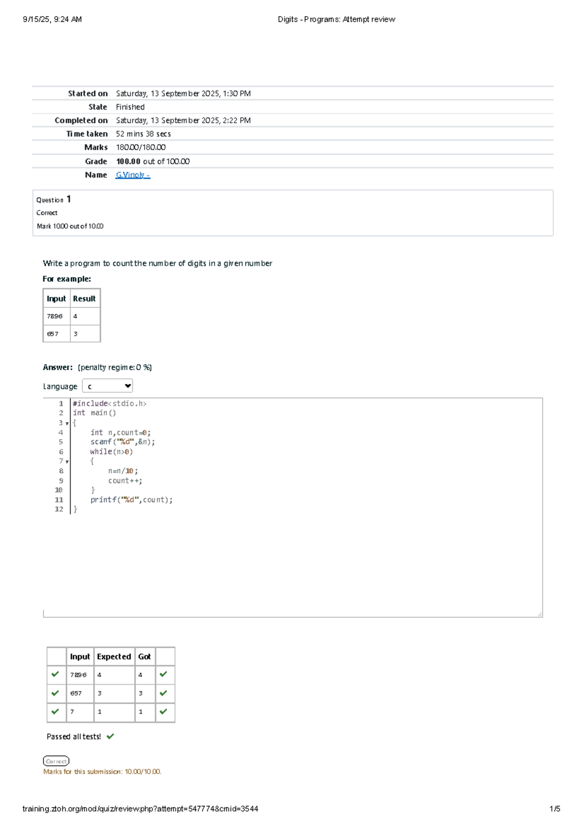 Digits Programs: Attempt Review for C Course Code - Studocu