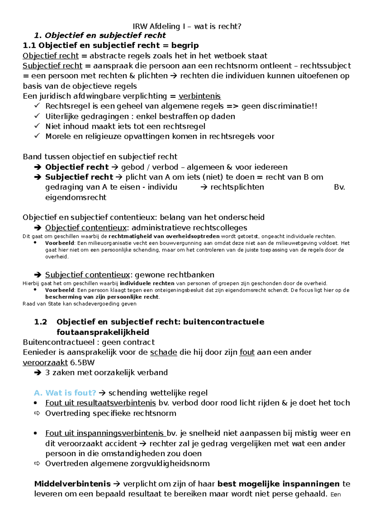 Afdeling I wat is recht - samenvatting - 1. Objectief en subjectief ...