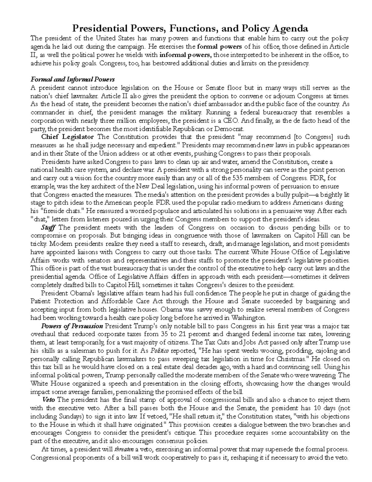 Presidential Powers and Functions: A Study of Formal vs Informal Roles ...