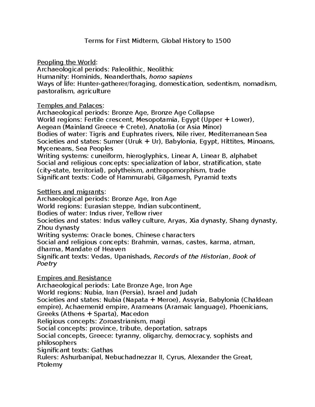 Term list midterm 1 global history - Terms for First Midterm, Global ...