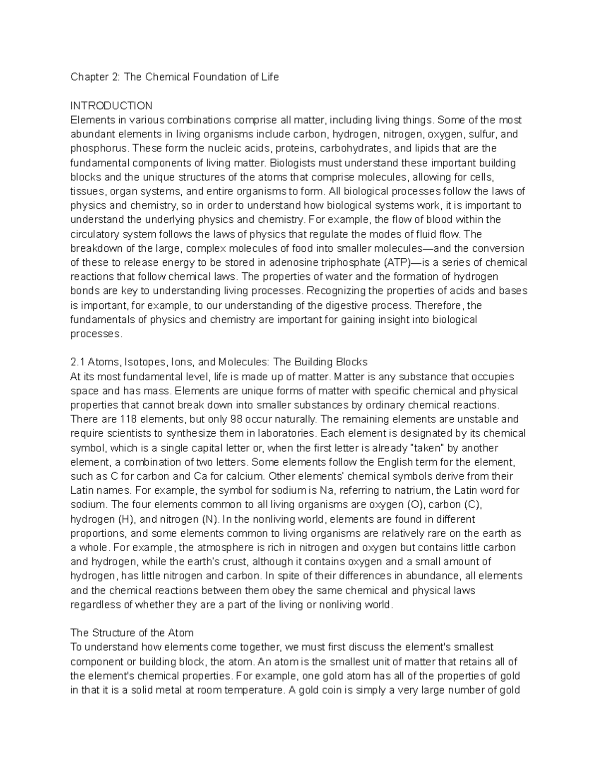 Chemical Foundations of Life: Atoms, Bonds, and Water (BIO101) - Studocu