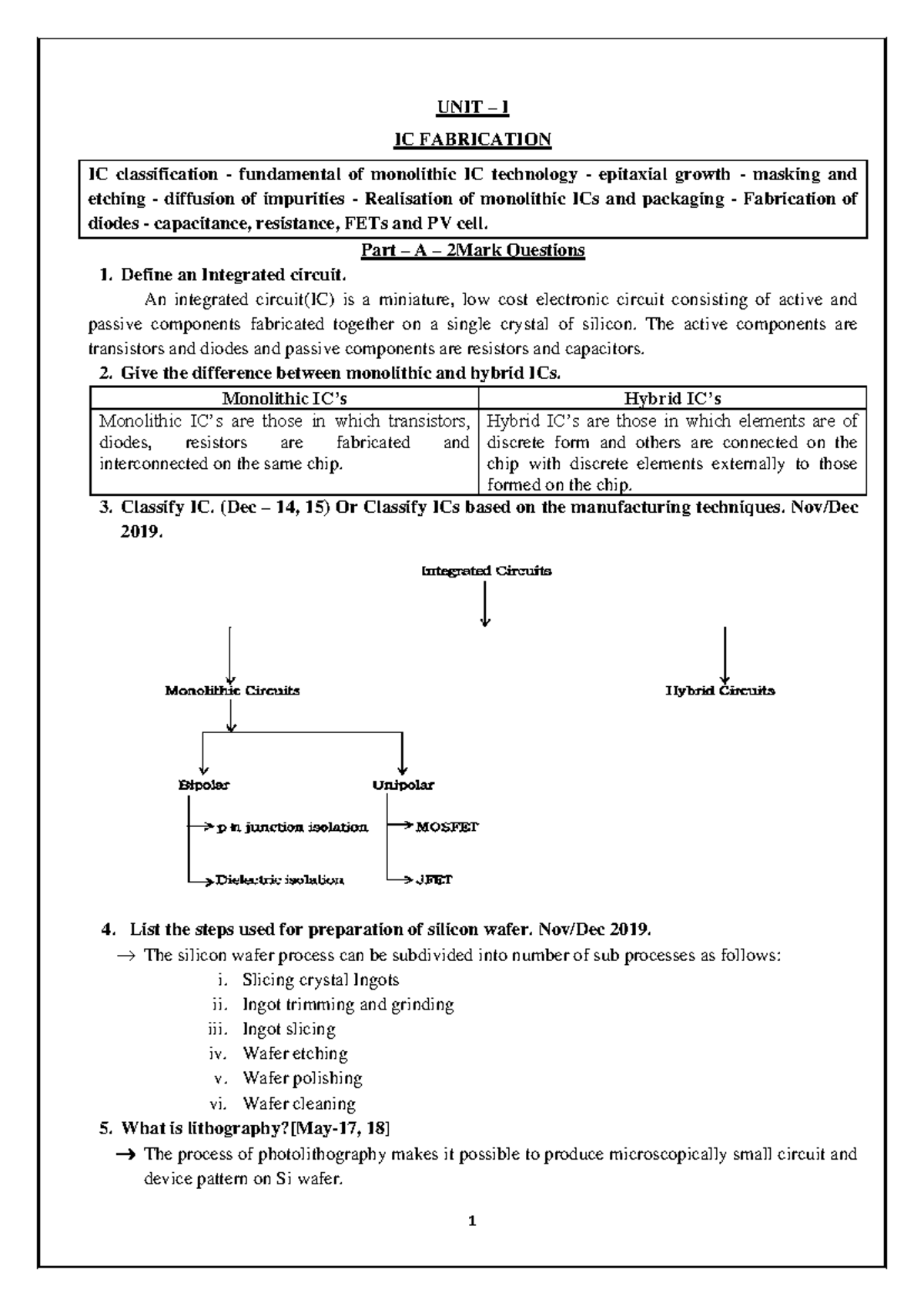 EE3402: Monolithic IC Fabrication - Unit I Notes and 2 Mark Questions ...