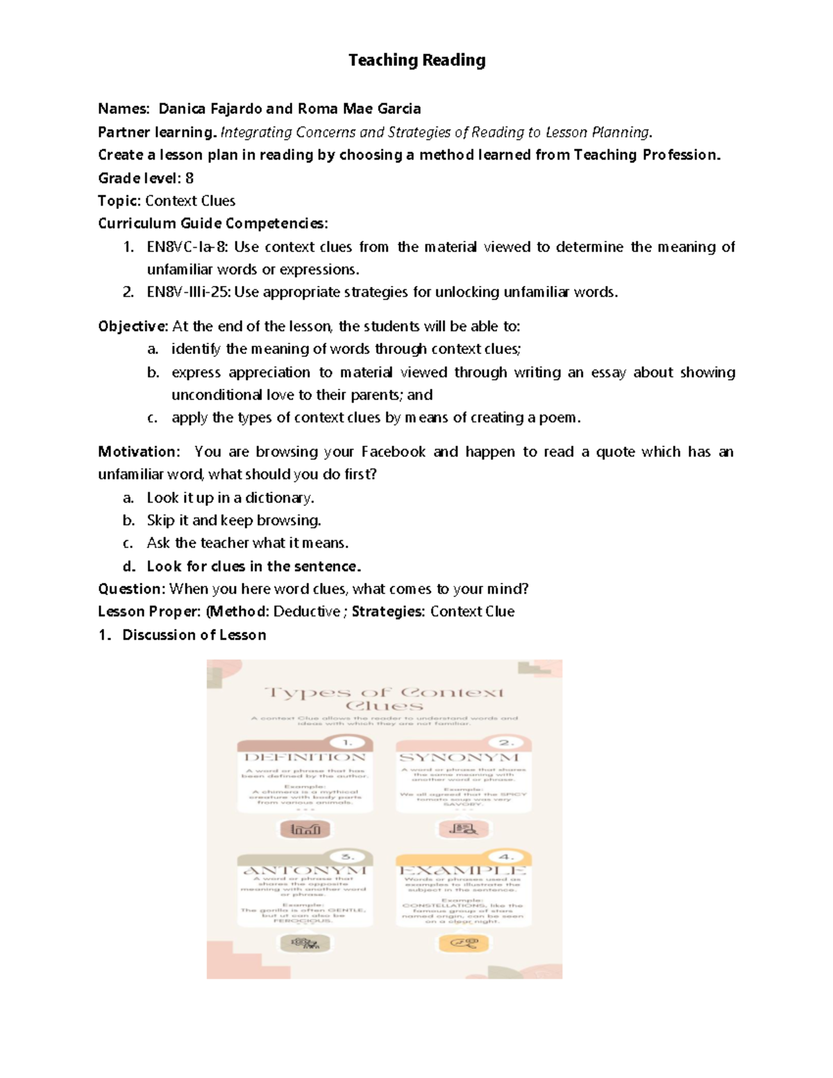 EN8 Context Clues Lesson Plan for 8th Grade Reading Instruction - Studocu