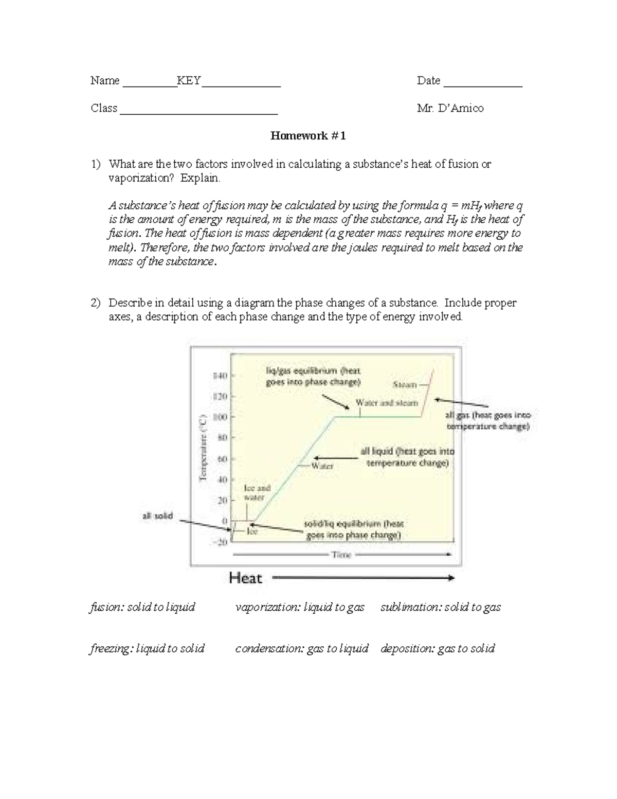 Chemistry HW 1 Answer Key: Heat of Fusion & Phase Changes - Studocu