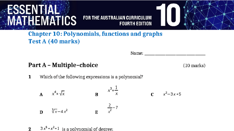 Chapter Test 10A: Polynomials, Functions, and Graphs - Studocu