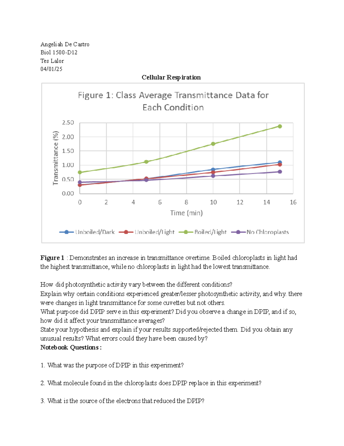 Biol 101 Lab #6: Cellular Respiration & Photosynthesis Analysis - Studocu