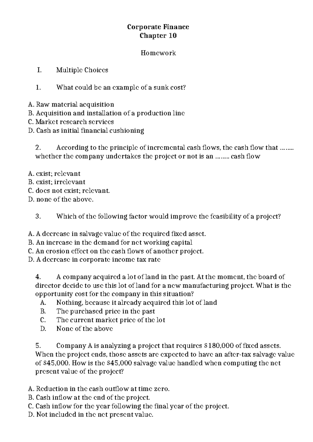 Corporate Finance (FIN 301) Chapter 10 Homework: Capital Investment ...