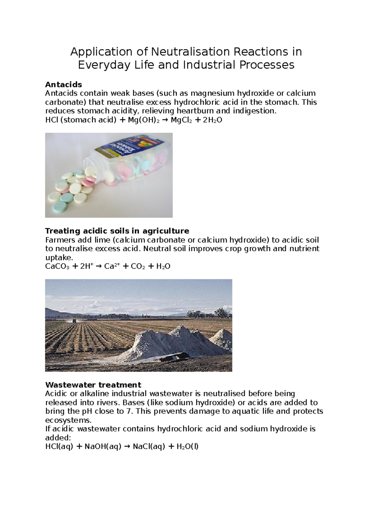 Application of Neutralisation Reactions in Daily Life & Industry - Studocu