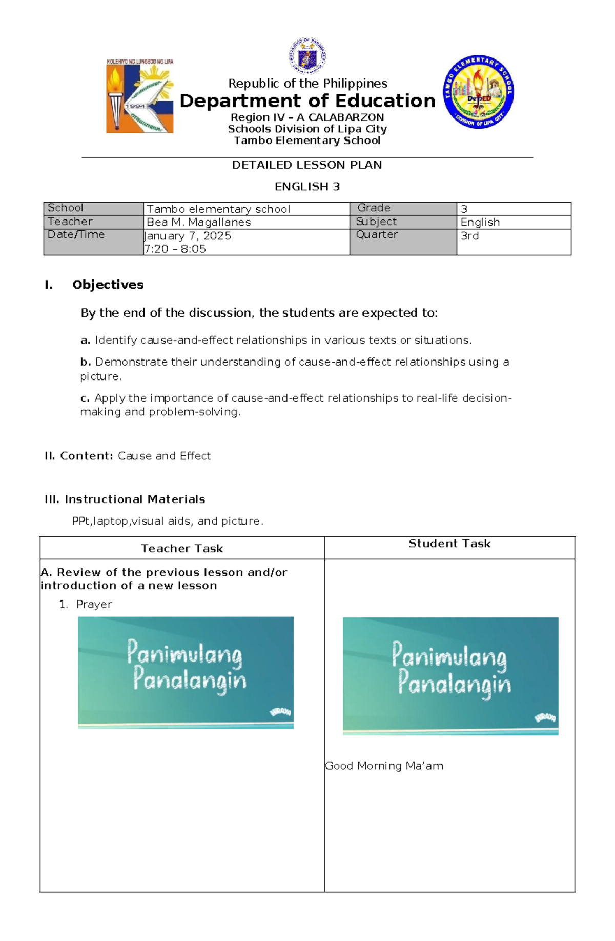 Grade 3 English Detailed Lesson Plan on Cause and Effect - Studocu