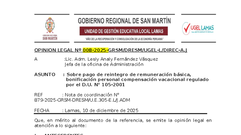 Opinión Legal sobre Reintegro de Remuneración - A 879-2025 - Studocu