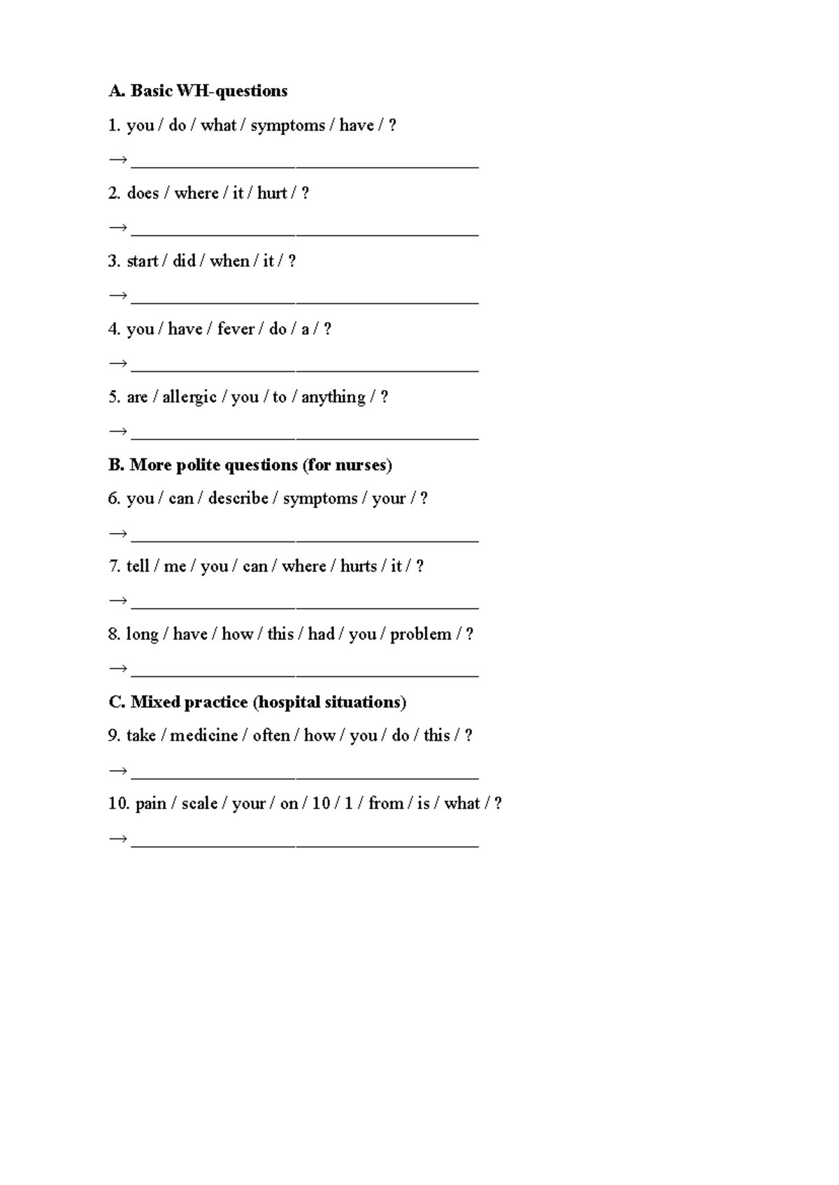 Basic WH-Questions & Polite Inquiries for Nurses (ENG 101) - Studocu