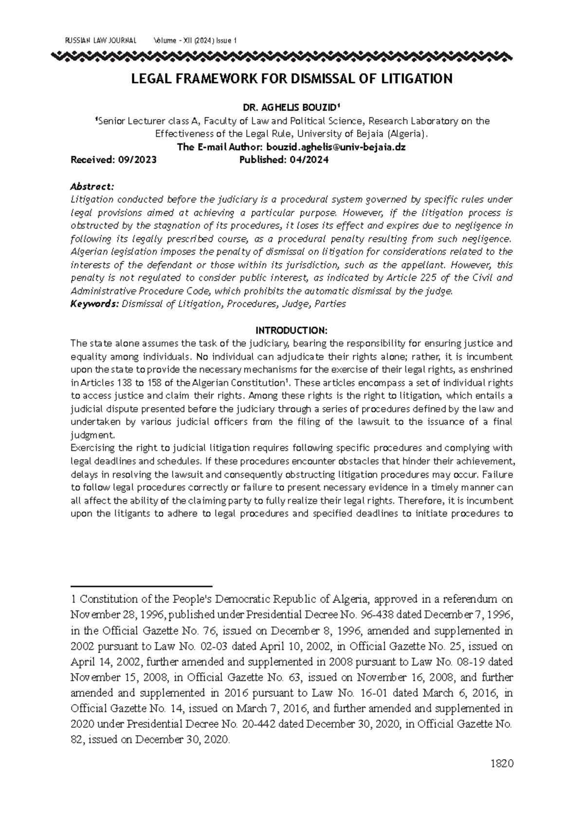 RUSSIAN LAW JOURNAL Volume XII (2024) Issue 1: Legal Framework for ...