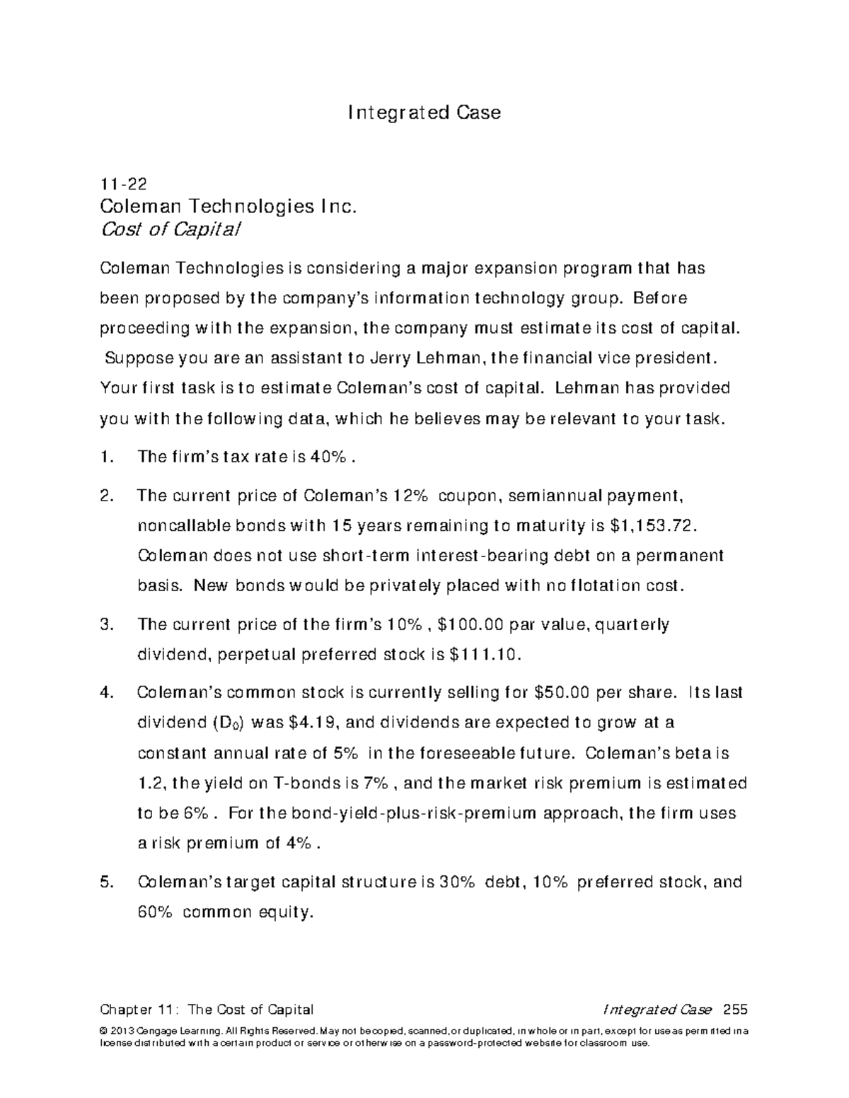 CH 11 - Cost of Capital Case Study for Coleman Technologies - Studocu