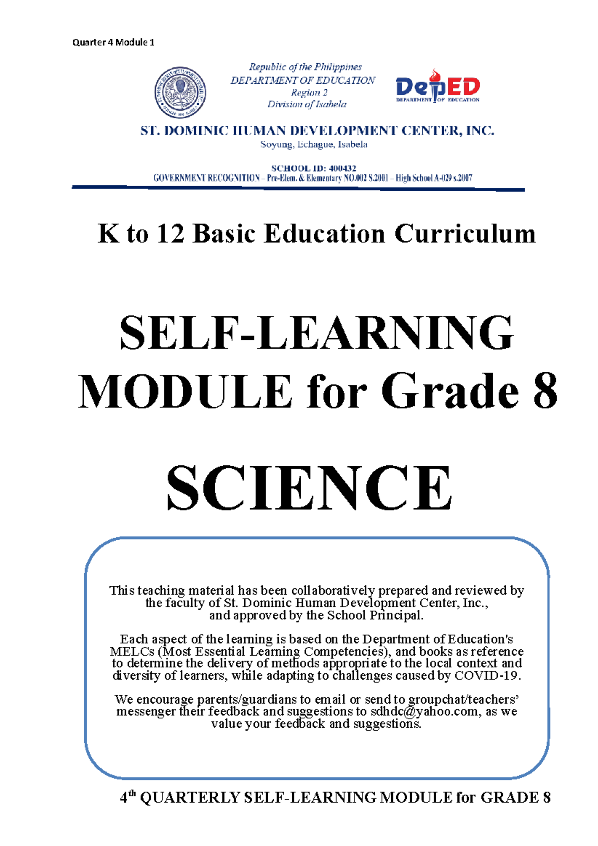 Science-8-Q4 Module 1456 - Quarter 4 Module 1 K to 12 Basic Education ...
