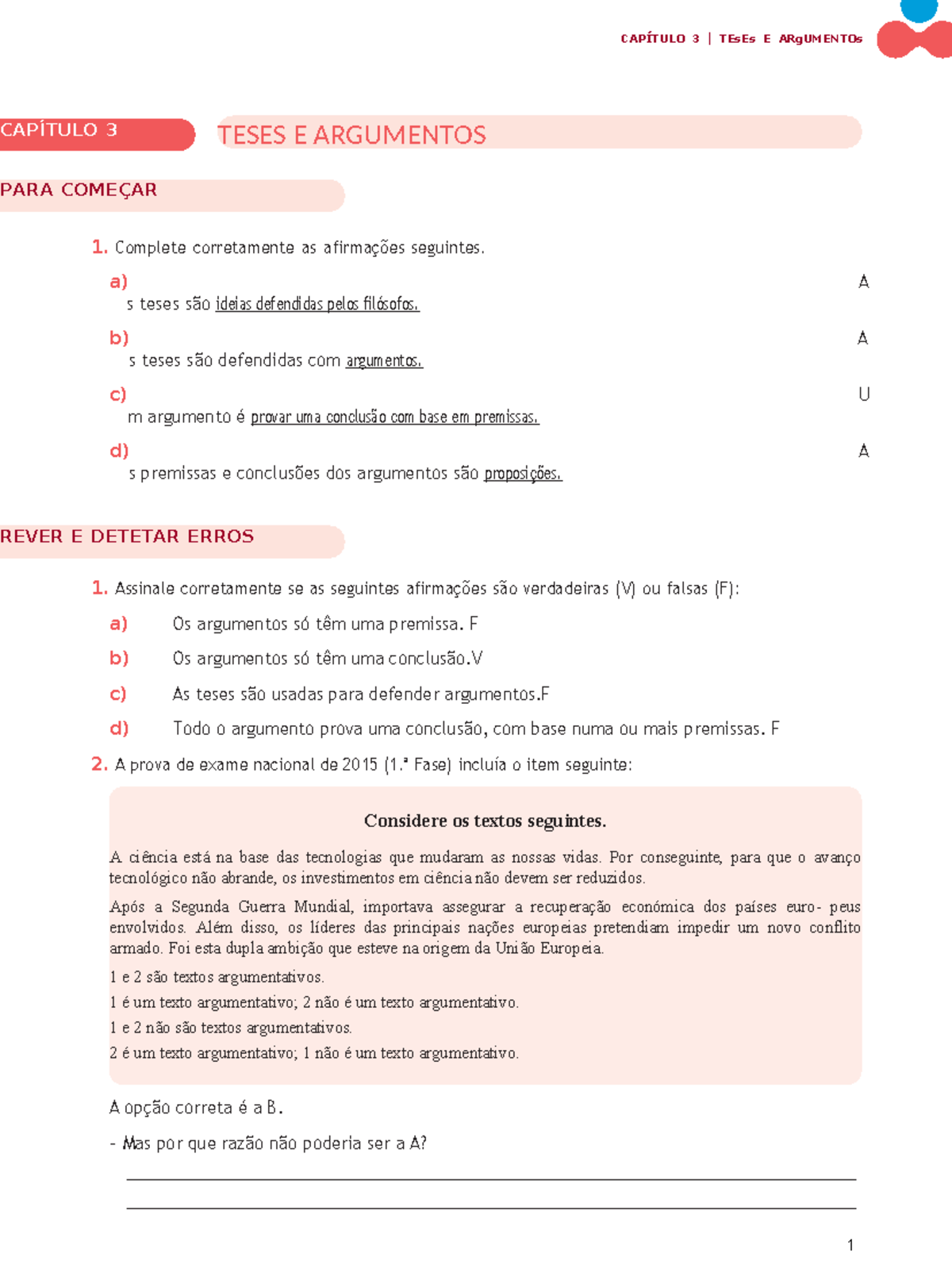 CA cap 3 - Hshshw - CAPÍTULO 3 | TEsEs E ARgUMENTOs 1. Complete ...