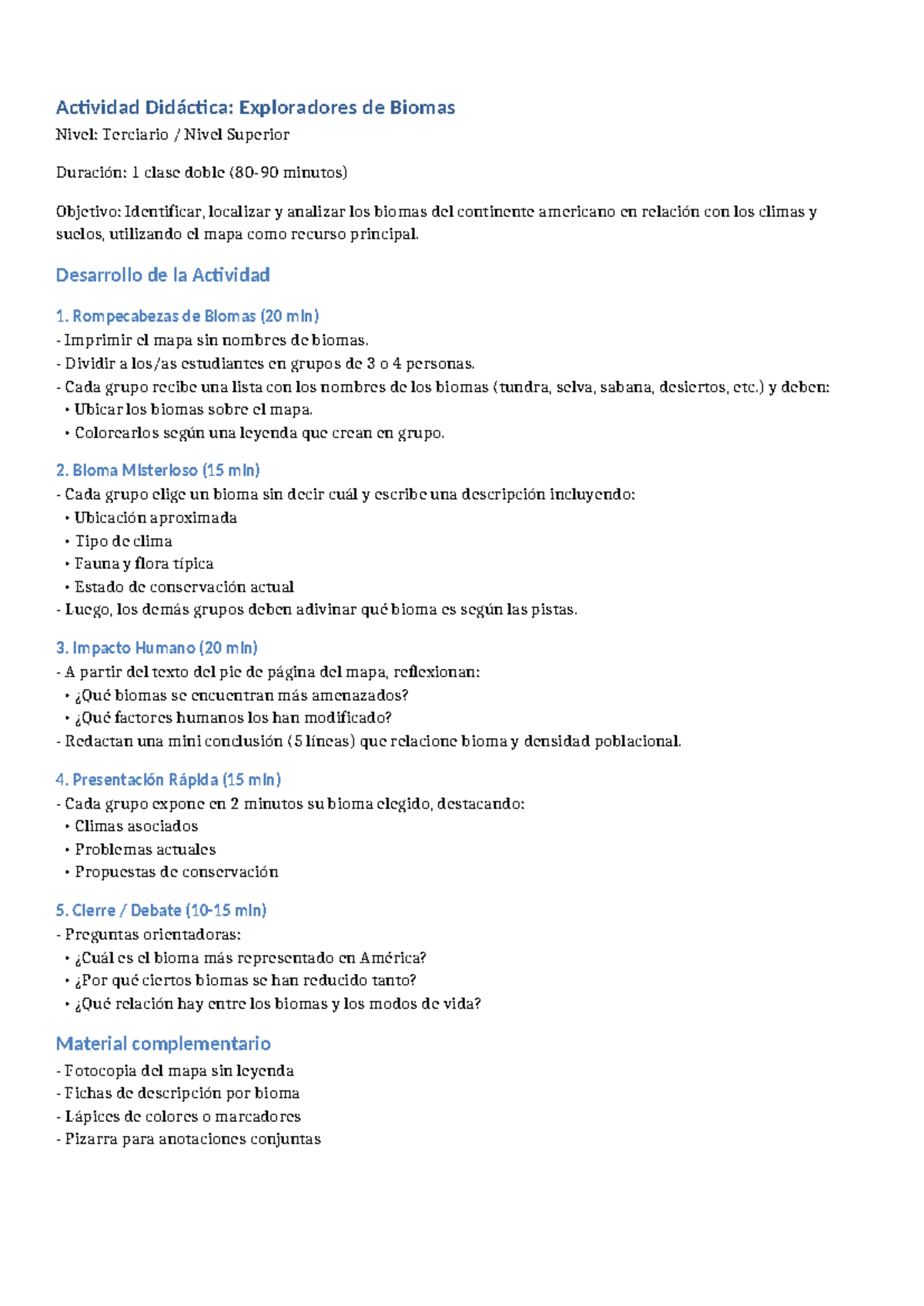 Actividad Didáctica: Exploradores de Biomas - Nivel Terciario - Studocu