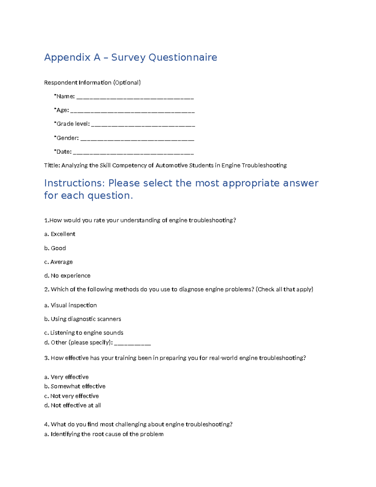 Automotive Skills Assessment: Engine Troubleshooting Survey Analysis ...