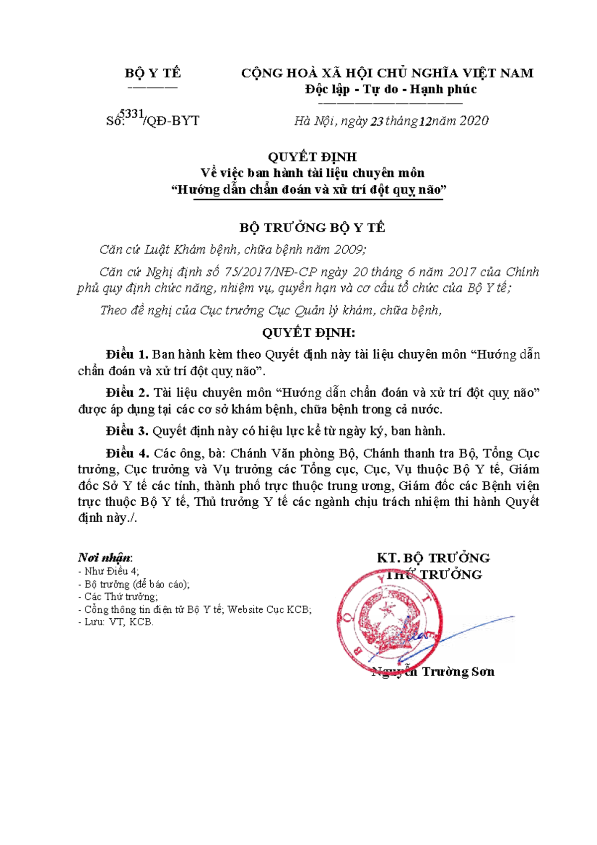 Quyết Định 5331: Hướng Dẫn Chẩn Đoán và Xử Trí Đột Quỵ Não - Studocu