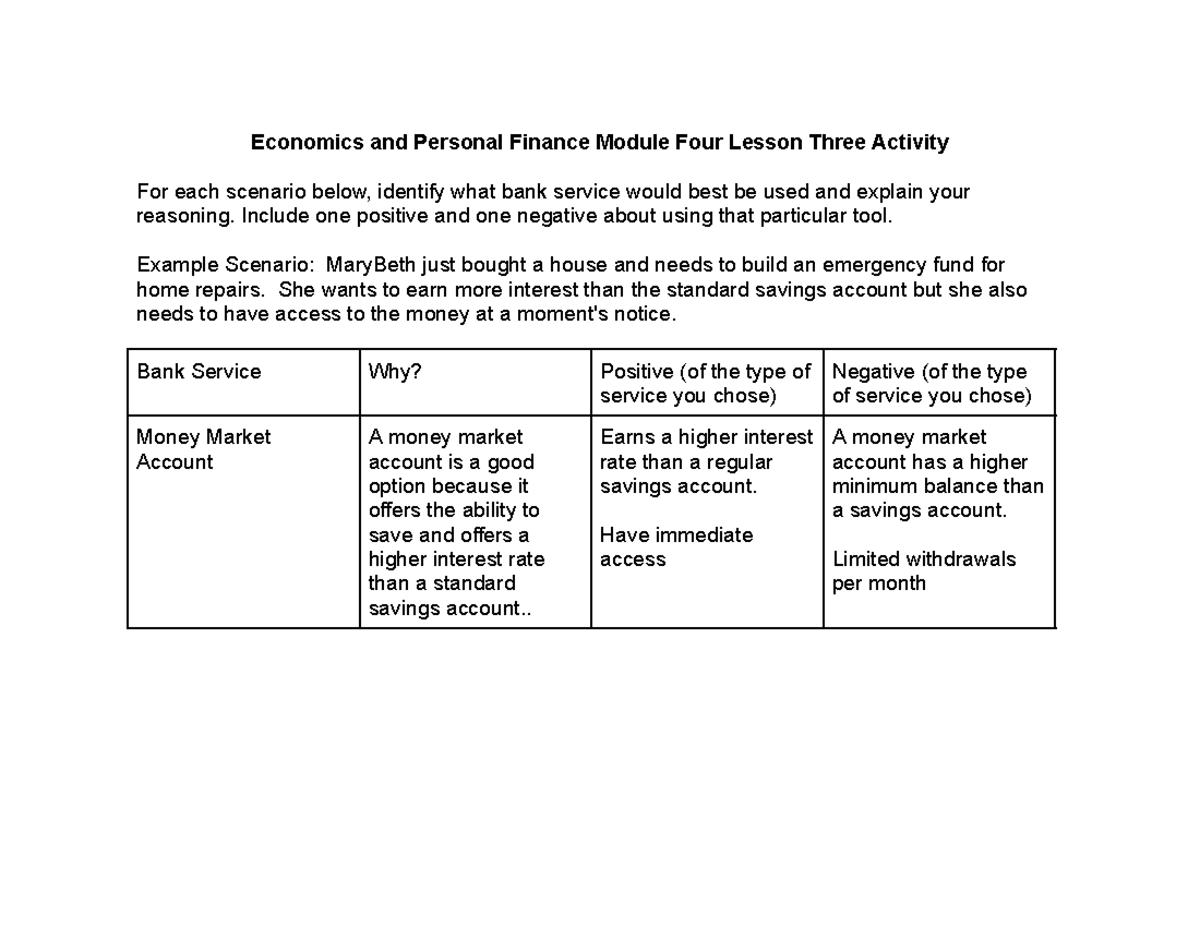 Econ & Personal Finance M4 L3 Activity: Choosing Bank Services - Studocu