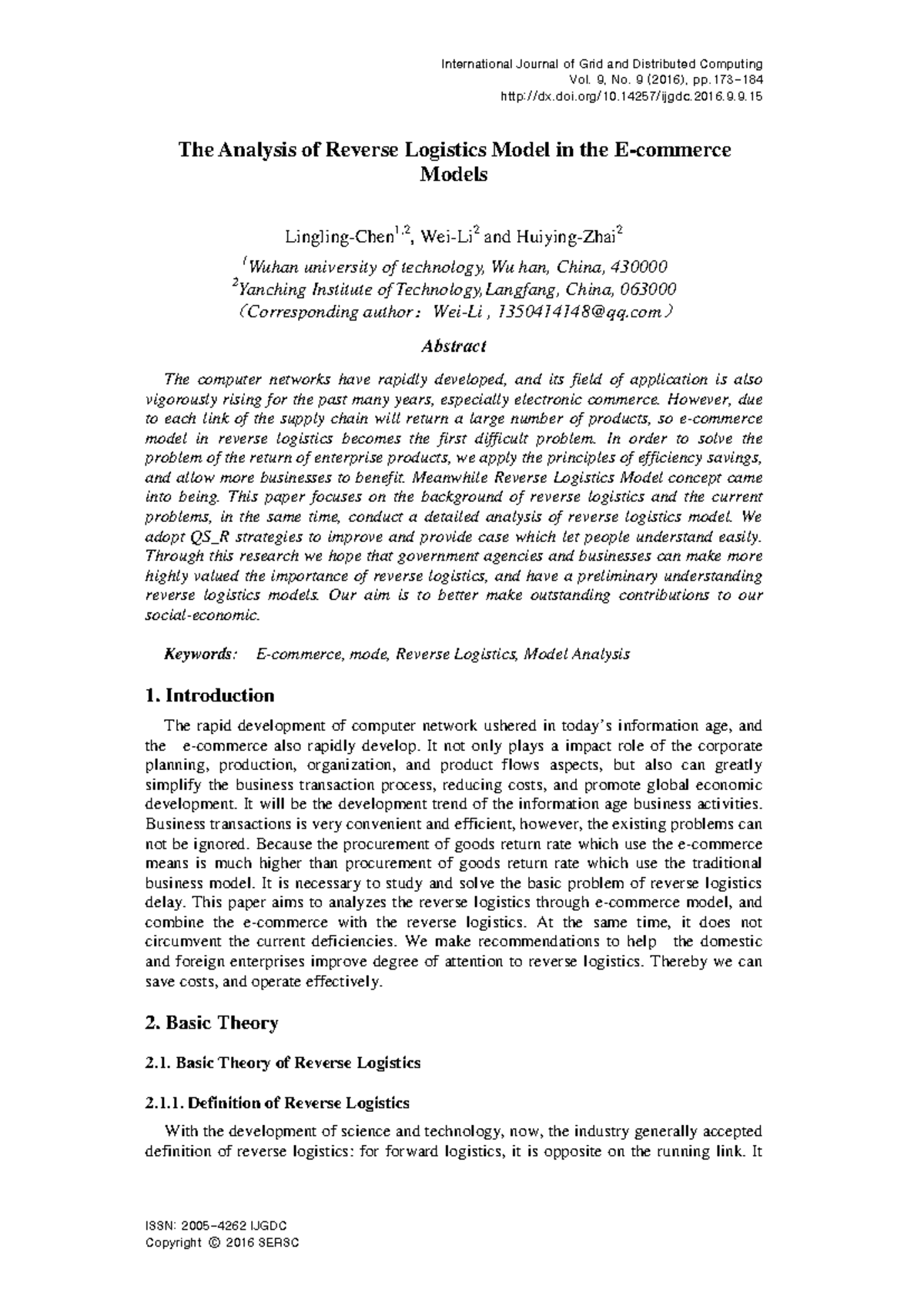 The Analysis of Reverse Logistics Model in E-Commerce (IJGDC 2016 ...