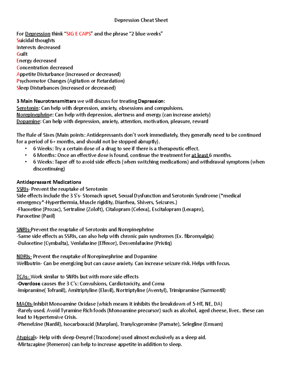 Mood Disorders Cheat Sheet for Depression and Bipolar Disorders - Studocu