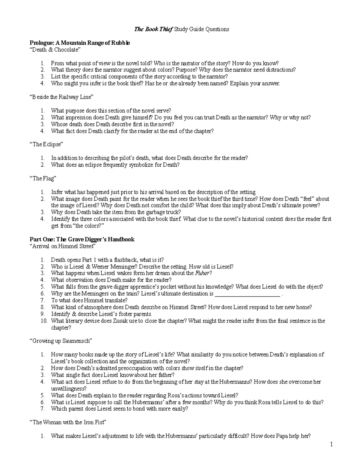 The Book Thief Study Guide Questions - The Book Thief Study Guide ...