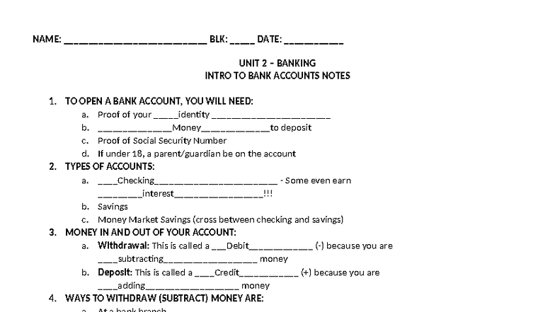 Unit 2 - Intro to Bank Accounts Notes - Studocu