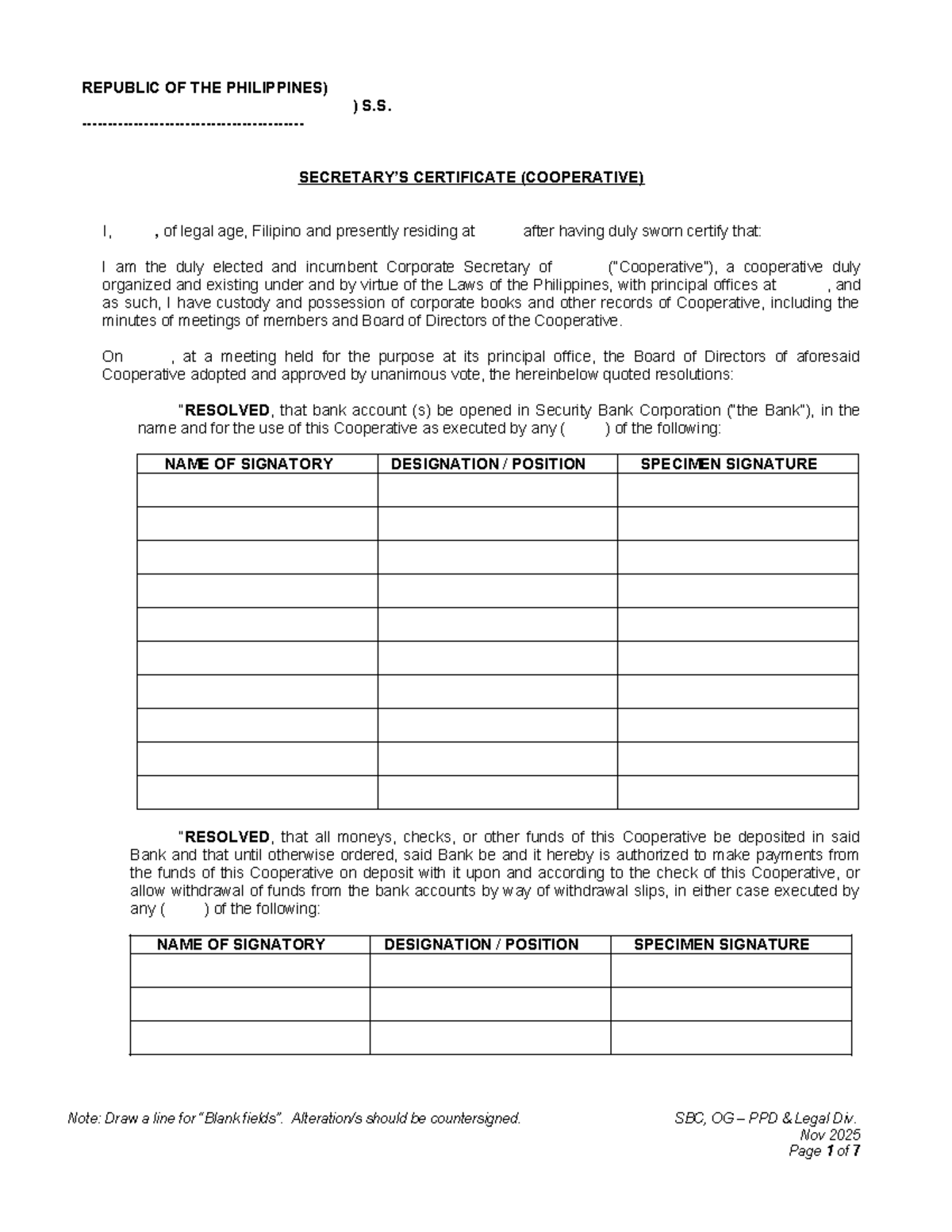 Secretary's Certificate for Cooperative Account Opening (SBC) - Studocu