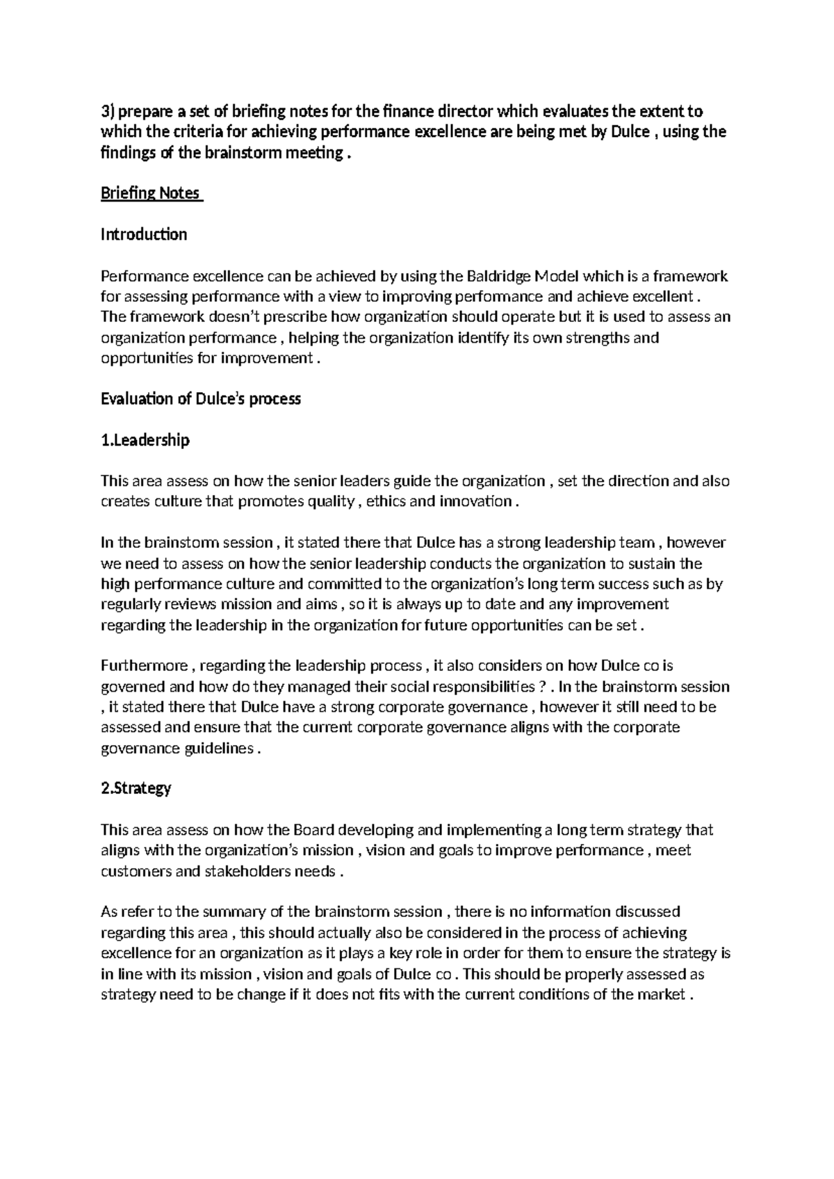 Dulce Finance Briefing Notes: Performance Excellence Evaluation TASK 3 ...
