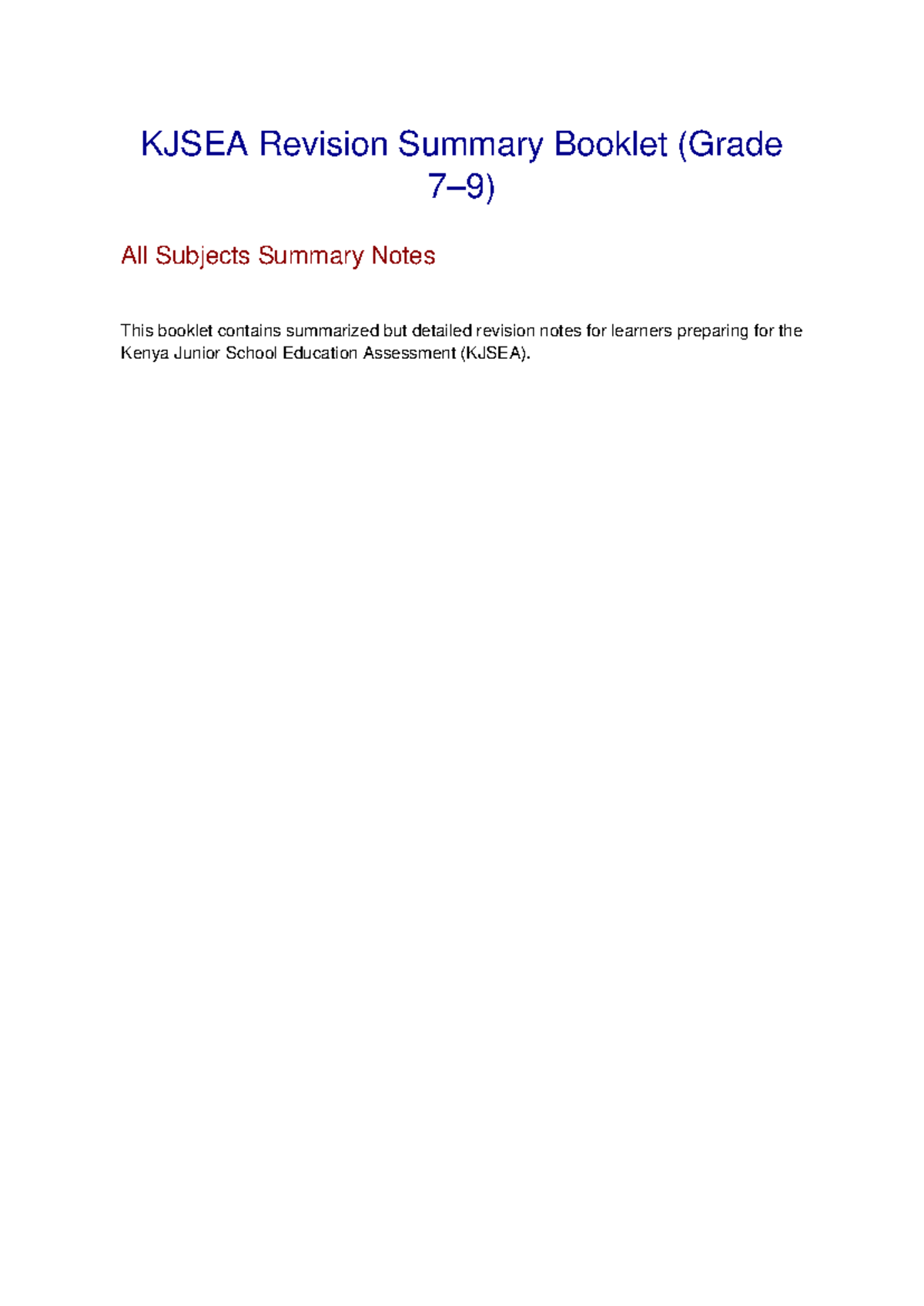 KJSEA Revision Summary Booklet: Grades 7-9 Comprehensive Notes - Studocu