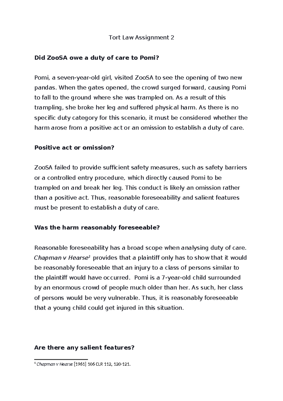 Tort Law Assignment 2: Duty of Care Analysis for ZooSA - Studocu