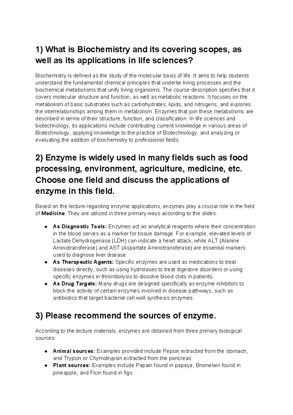 Biochemistry Midterm Study Guide: Enzymes and Their Applications - Studocu