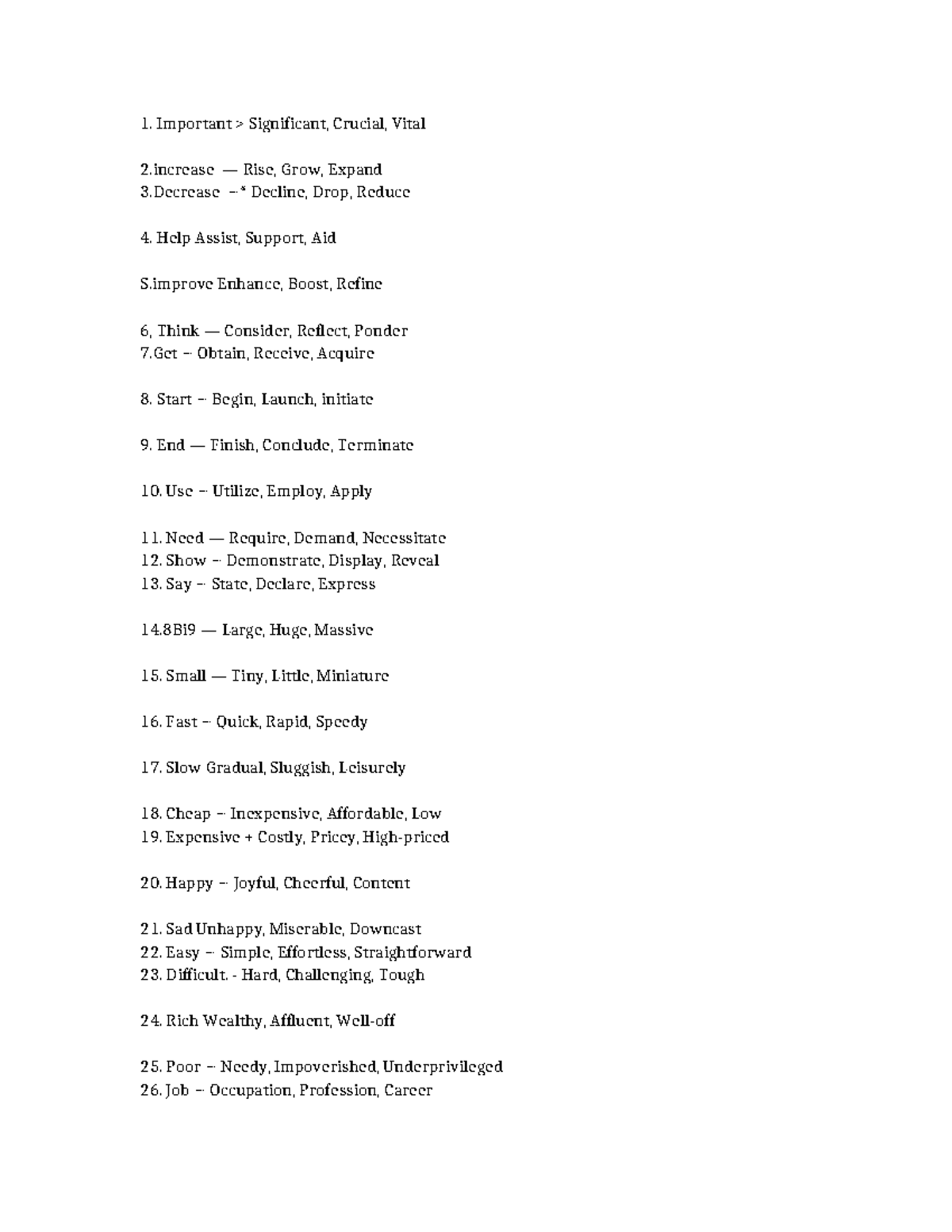 Vocabulary List - Essential Synonyms for Basic Terms - Studocu