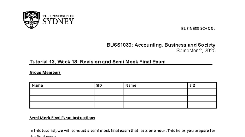 BUSS1030: Tutorial 13 - Semi Mock Final Exam & Solutions (S2 2025 ...