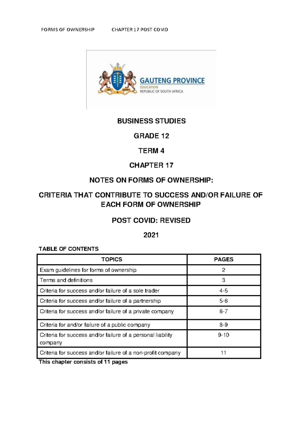 Revised Chapter 17 Business Studies Grade 12 Notes on Forms of ...