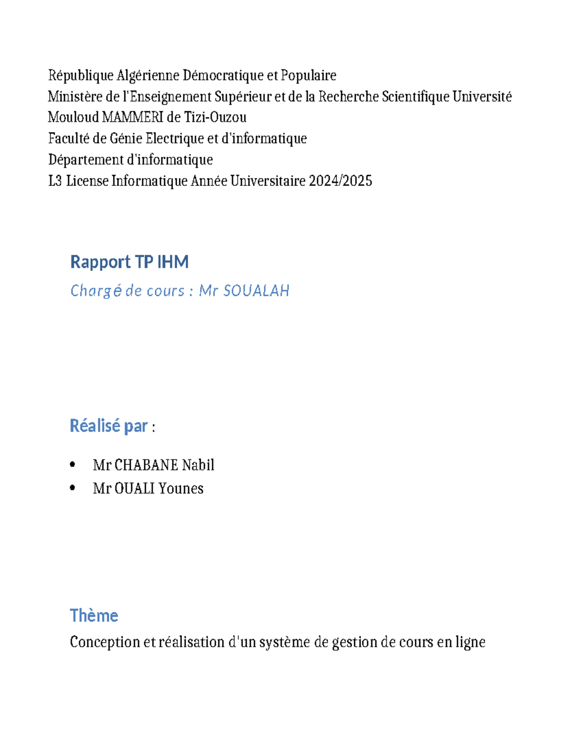 Rapport TP IHM L3 Informatique: Conception d'un Système de Cours en Ligne - Studocu