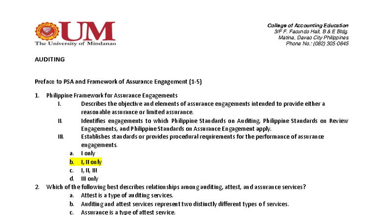 Practice Test: Auditing (AUD 101) - Assurance Engagements and Audit ...