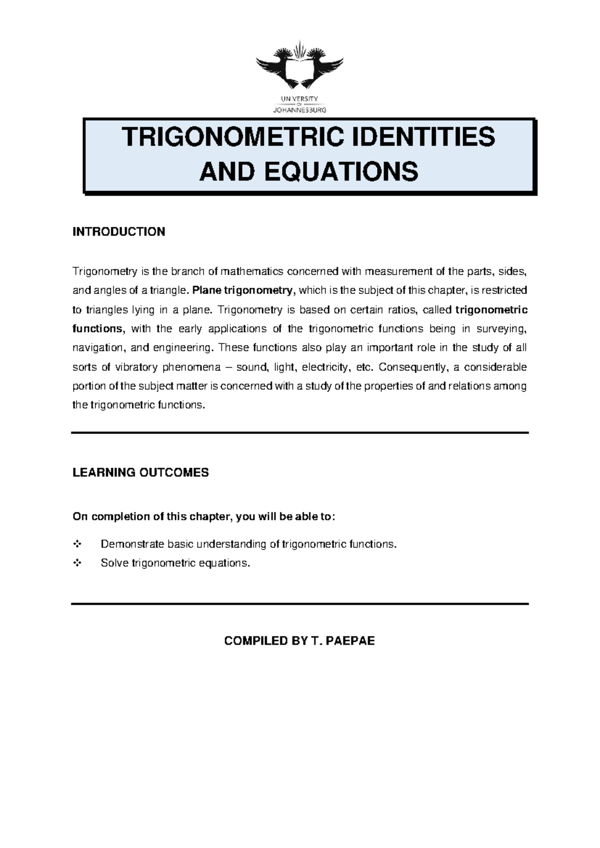 Trigonometry: Identities and Equations Study Guide (Course Code ...