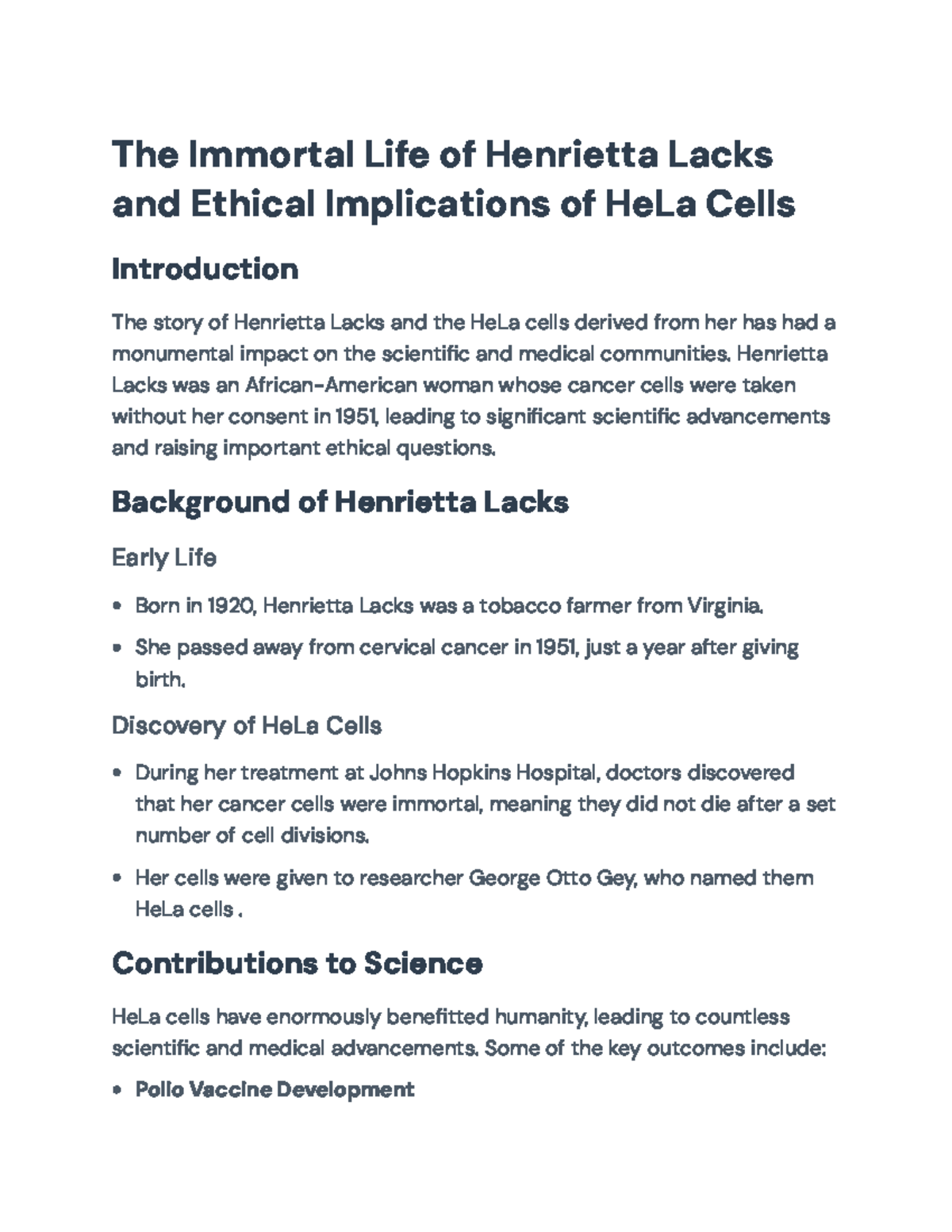 The Immortal Life of Henrietta Lacks: Impact and Ethical Implications ...