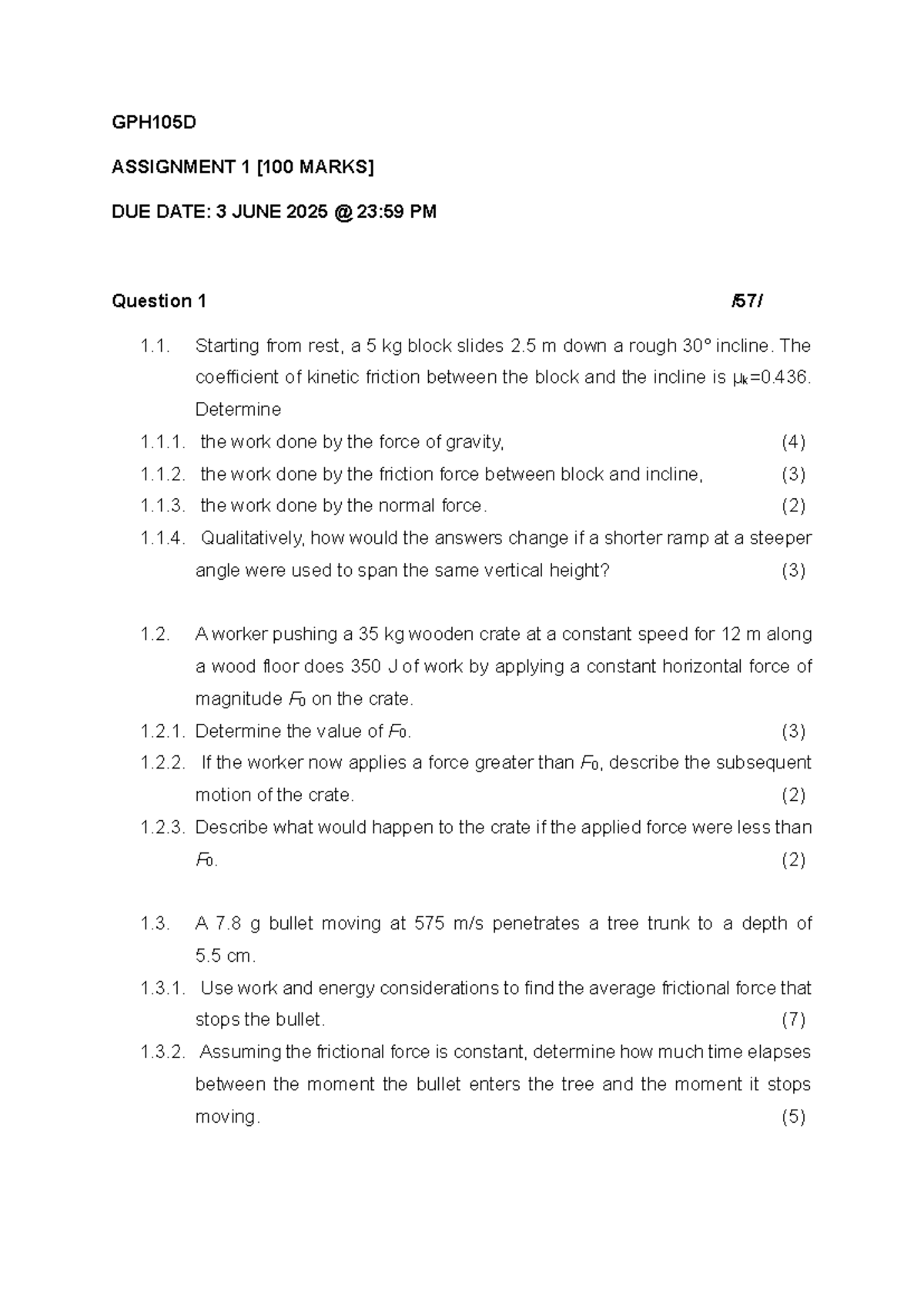 GPH105D Assignment 1 - Physics Work and Energy Problems - Studocu