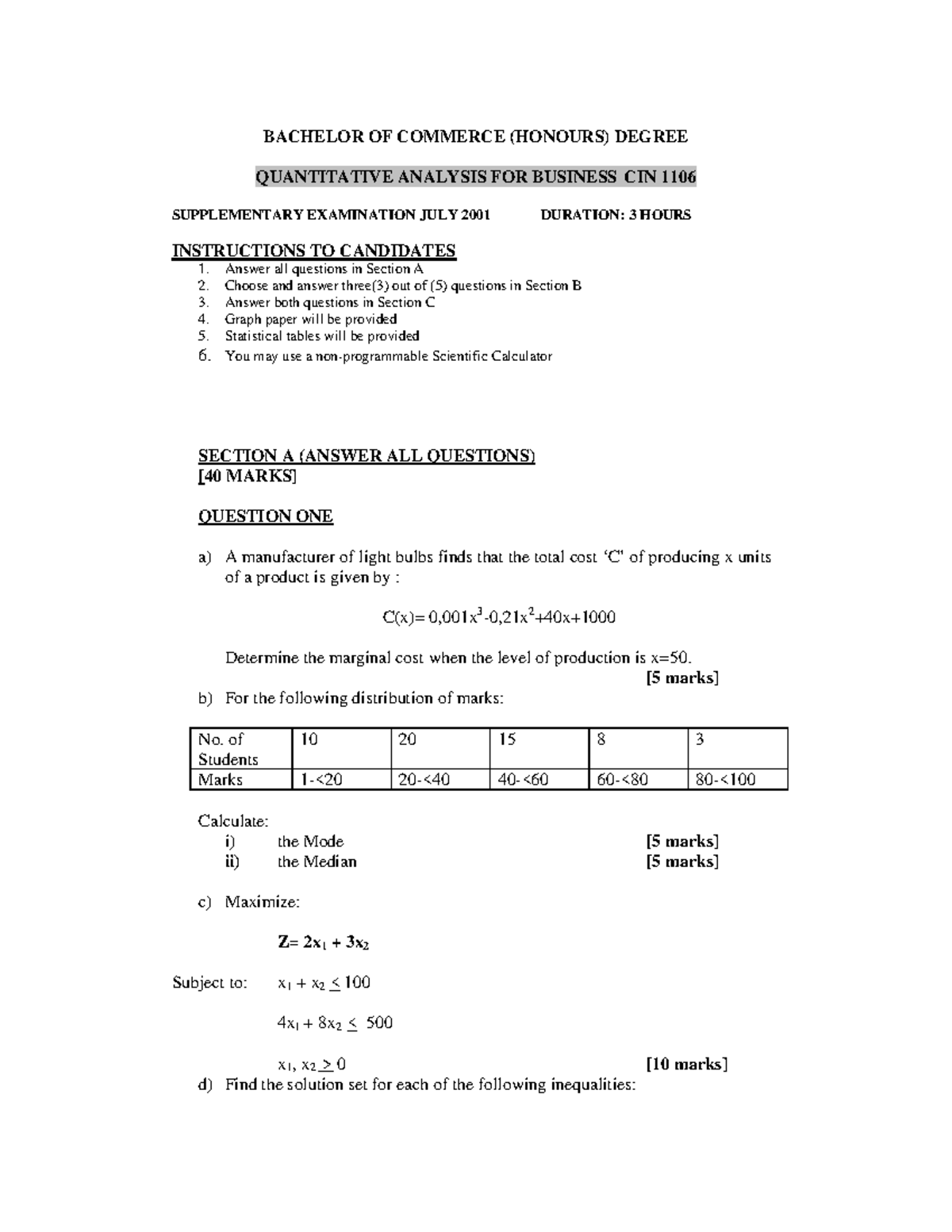 Exam 2010, questions - BACHELOR OF COMMERCE (HONOURS) DEGREE ...