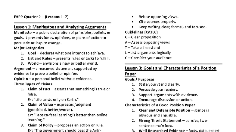 EAPP 2nd Quarter Lessons: Manifestoes, Arguments, and Position Papers ...